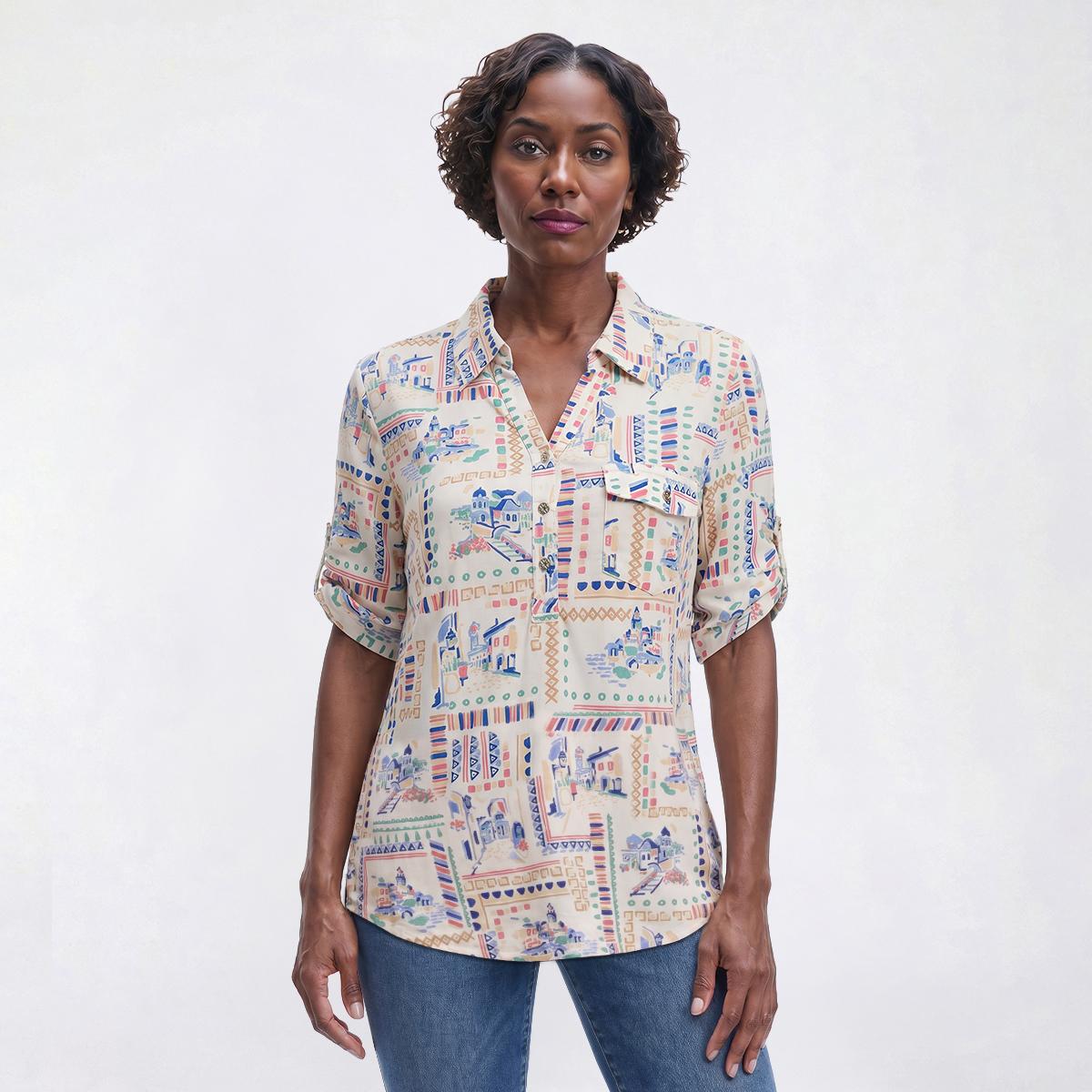 Click here for Petite Emily Daniels Elbow Sleeve Scenic Patchwork... prices